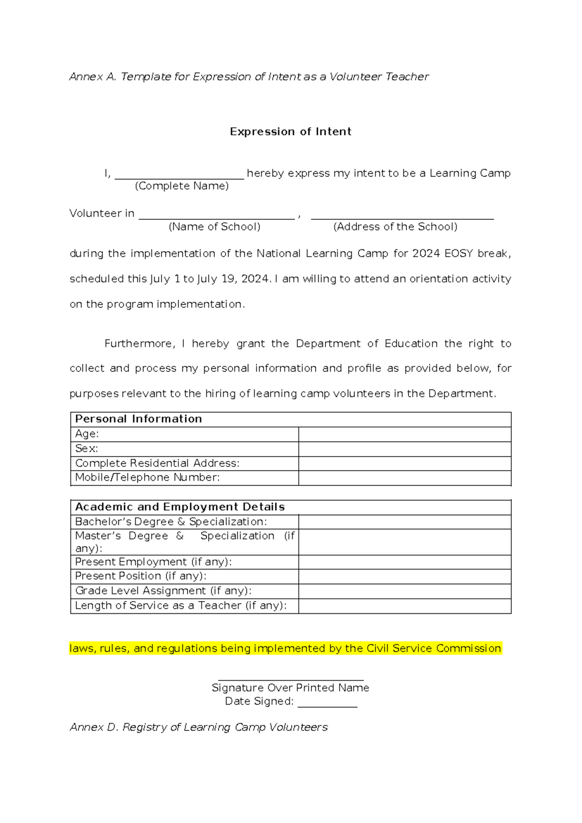 NLC - Volunteer Teacher Expression of Intent Template 2024 - Studocu