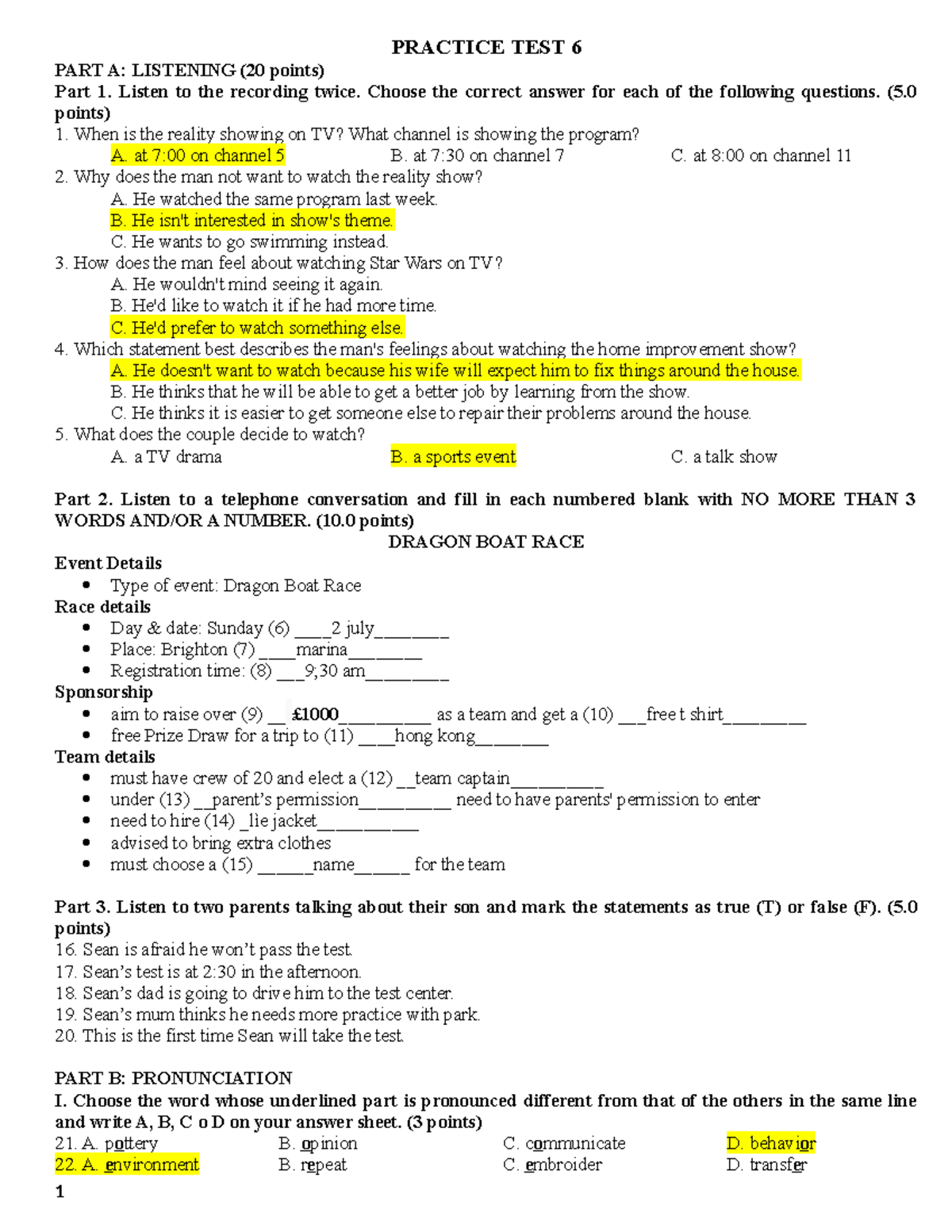 PRACTICE TEST 6: LISTENING, PRONUNCIATION, GRAMMAR & WRITING - Studocu