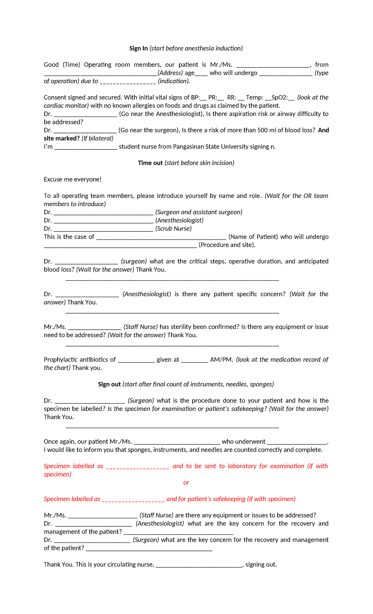 Circulating Nurse Script for Anesthesia Induction & Sign Out - Studocu