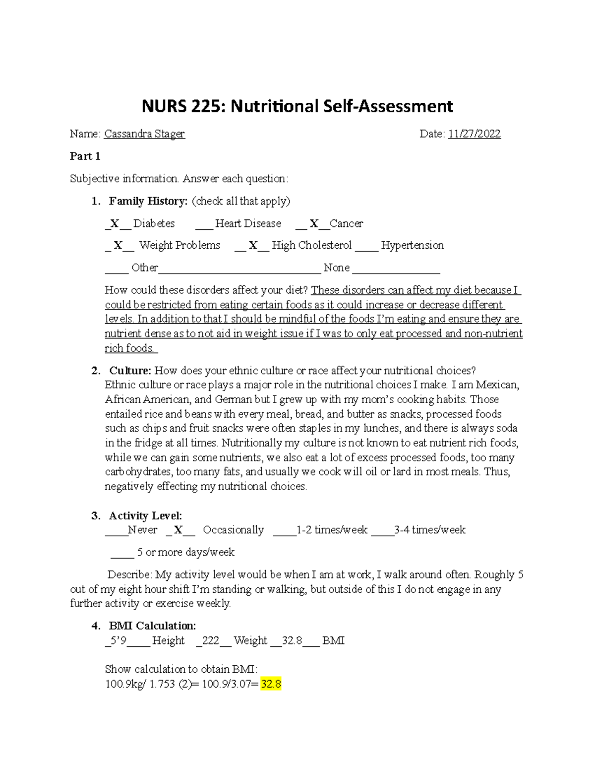 NURS 225 - Nutritional Self-Assessment and Personal Reflections - Studocu