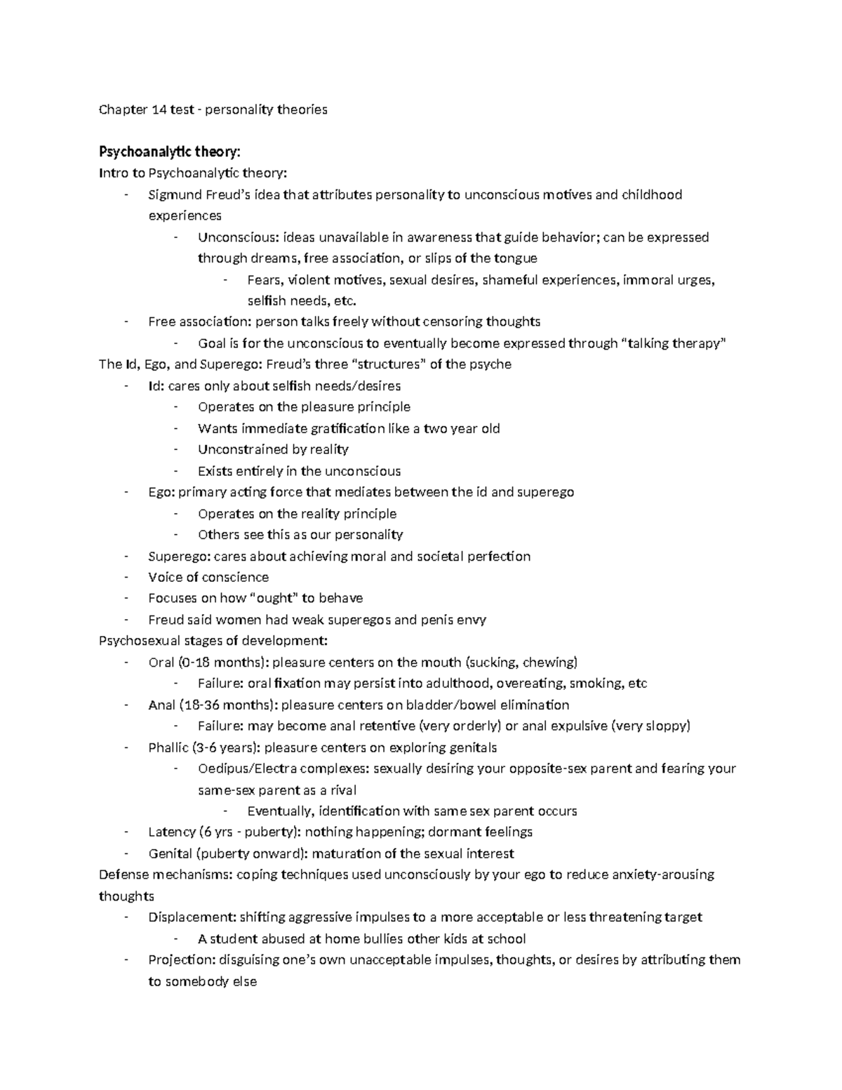 Psychology 101: Chapter 14 Review on Personality Theories & Mechanisms - Studocu