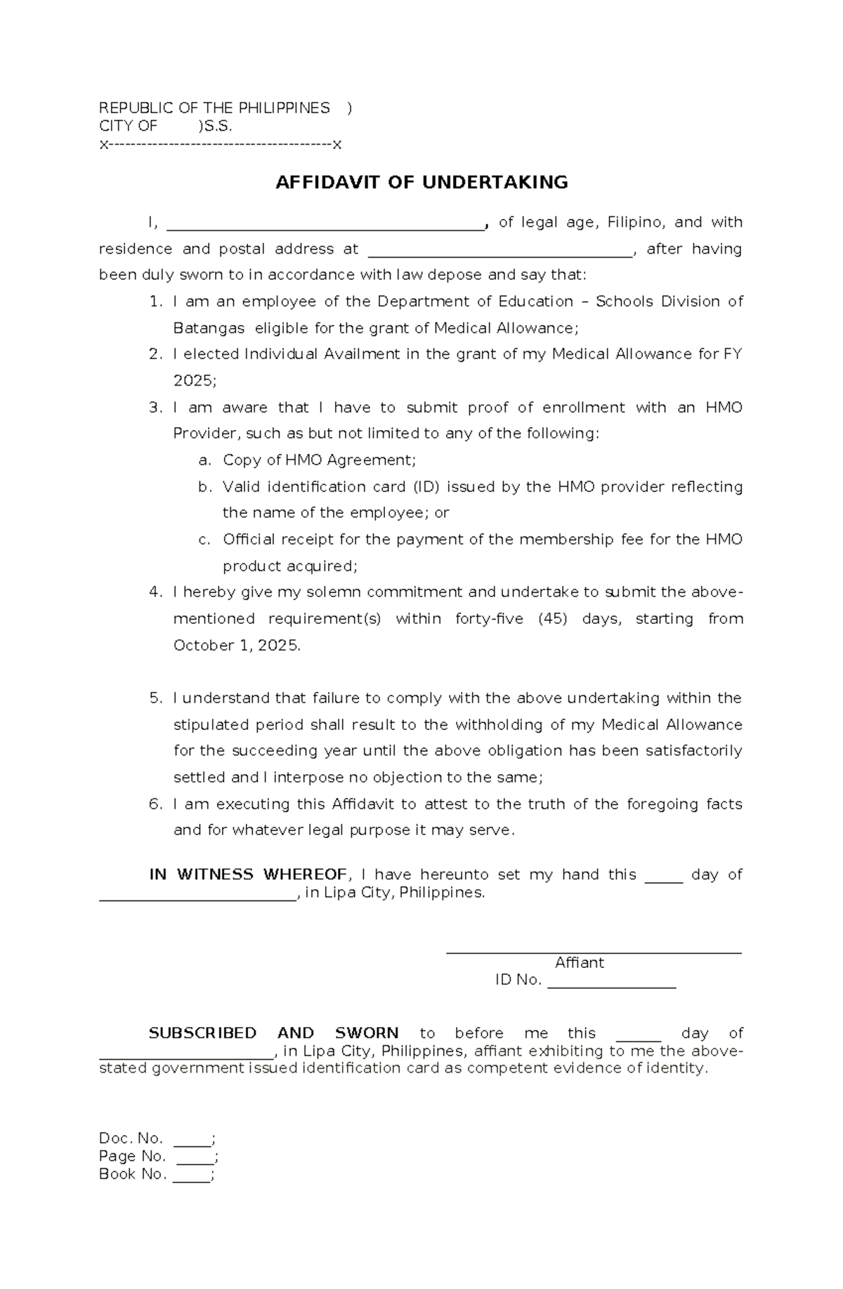 Affidavit of Undertaking for Medical Allowance Submission - Studocu
