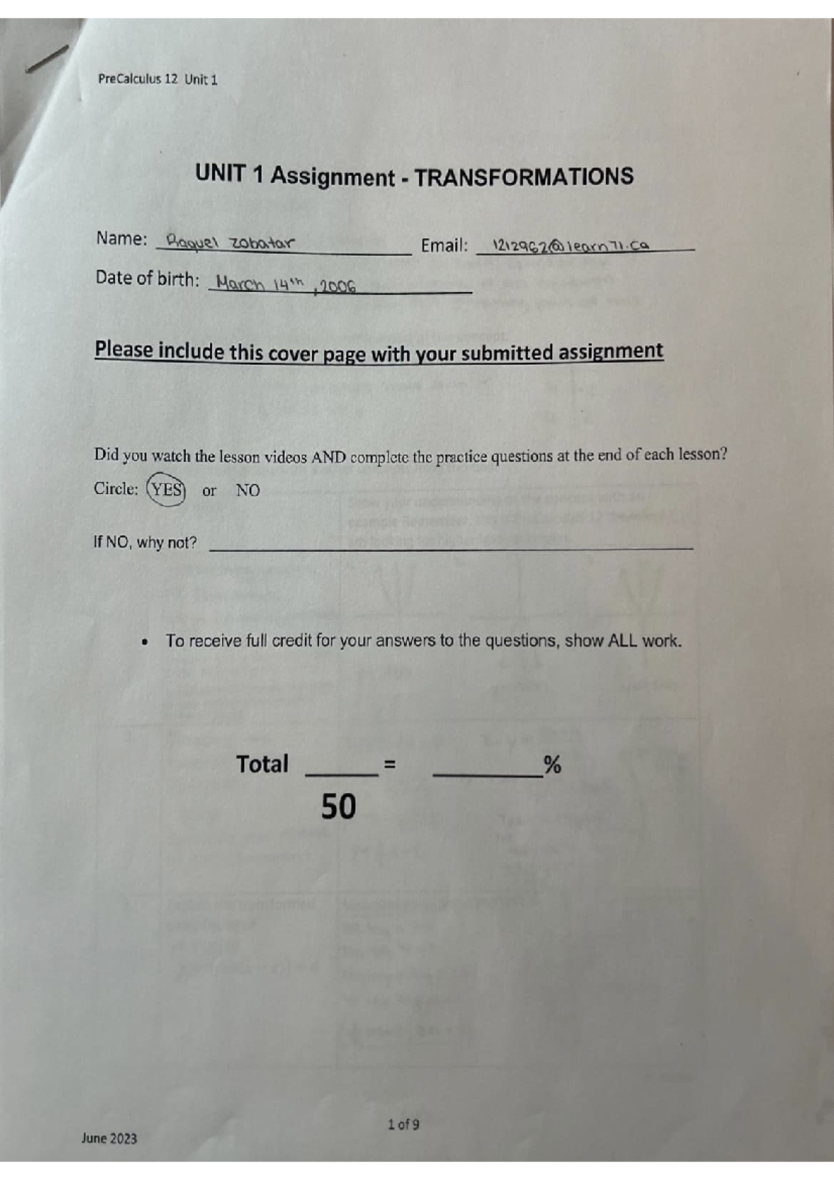PreCalculus 12 Unit 1 Assignment: Transformations Overview - Studocu