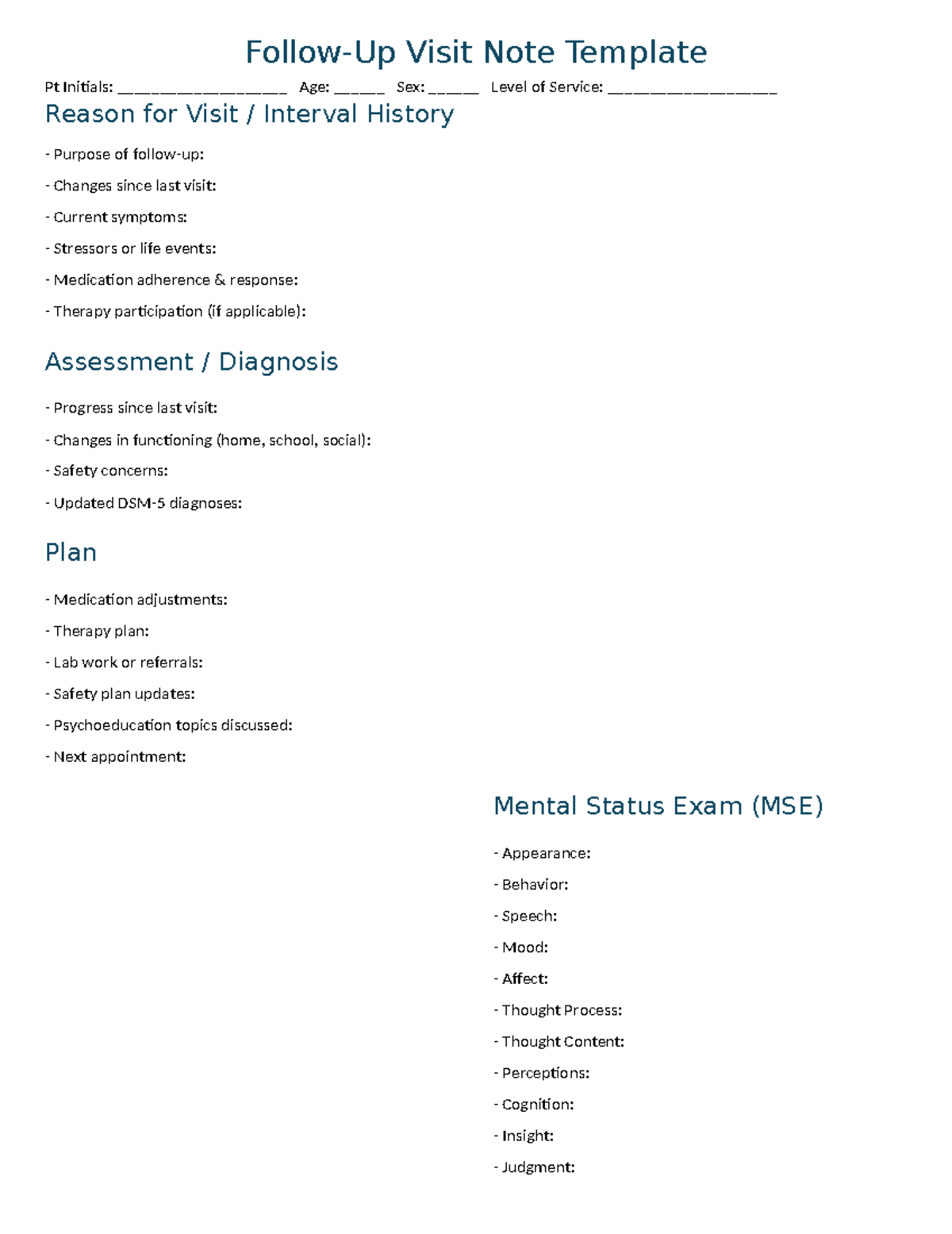 Follow up template - Follow-Up Visit Note Template Pt Initials ...