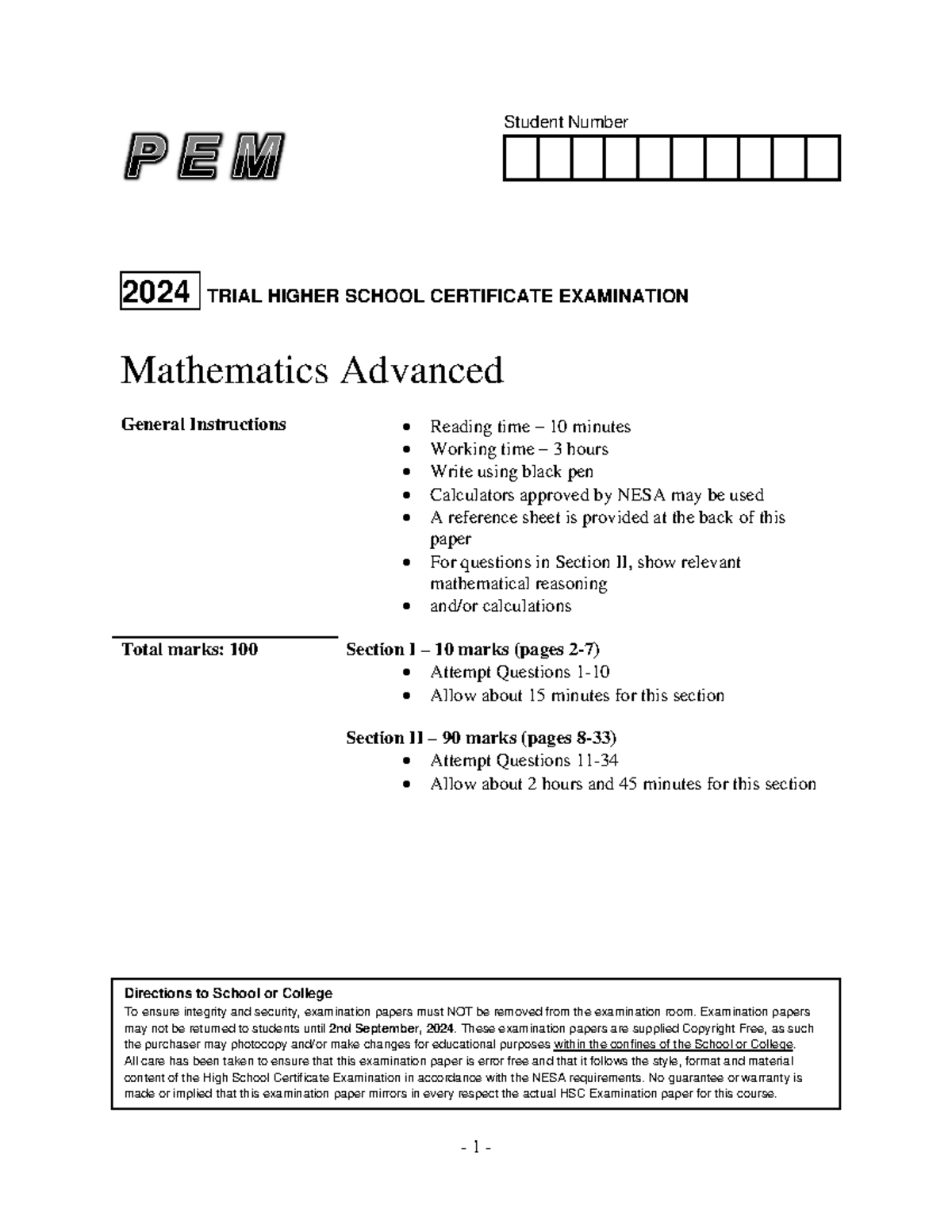 PEM 2024 Y12ADV Mathematics Trial Exam Paper - Studocu