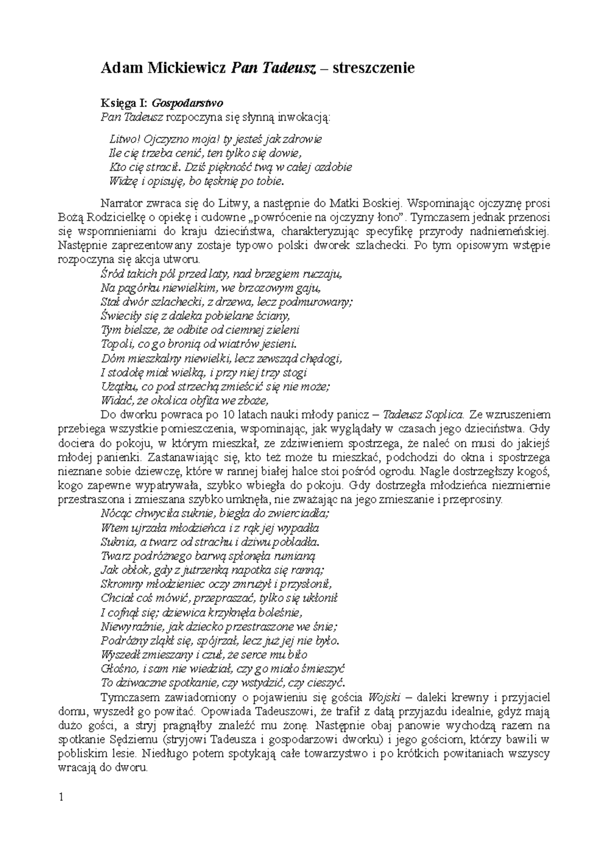 Pan Tadeusz streszczenie - Adam Mickiewicz Pan Tadeusz – streszczenie ...