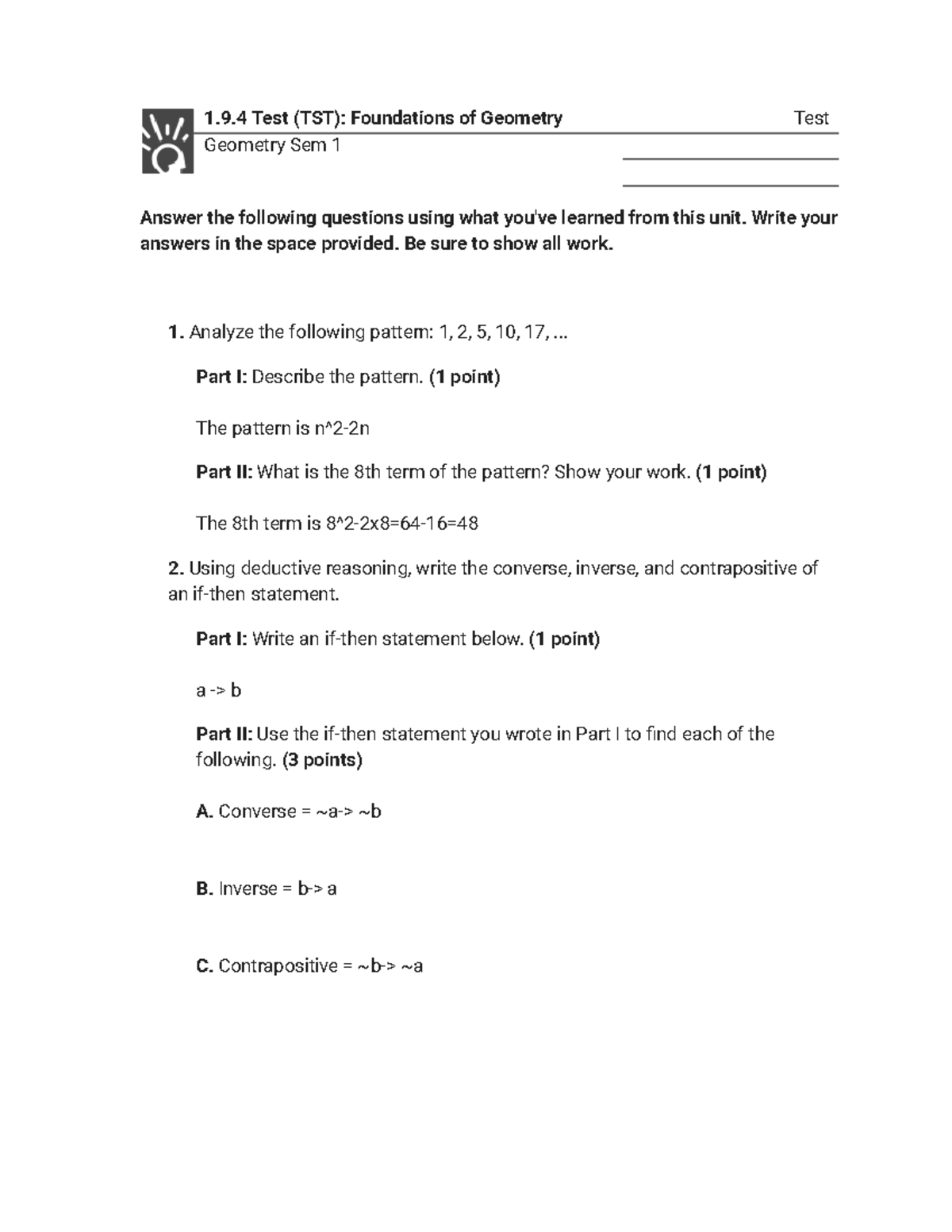 1.9.4 Test (TST): Foundations of Geometry - Answer Key - Studocu