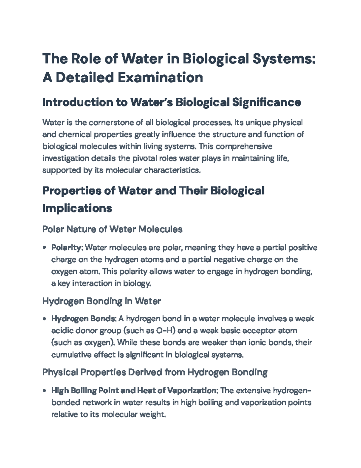 The Role of Water in Biological Systems: Examination of Key Properties ...