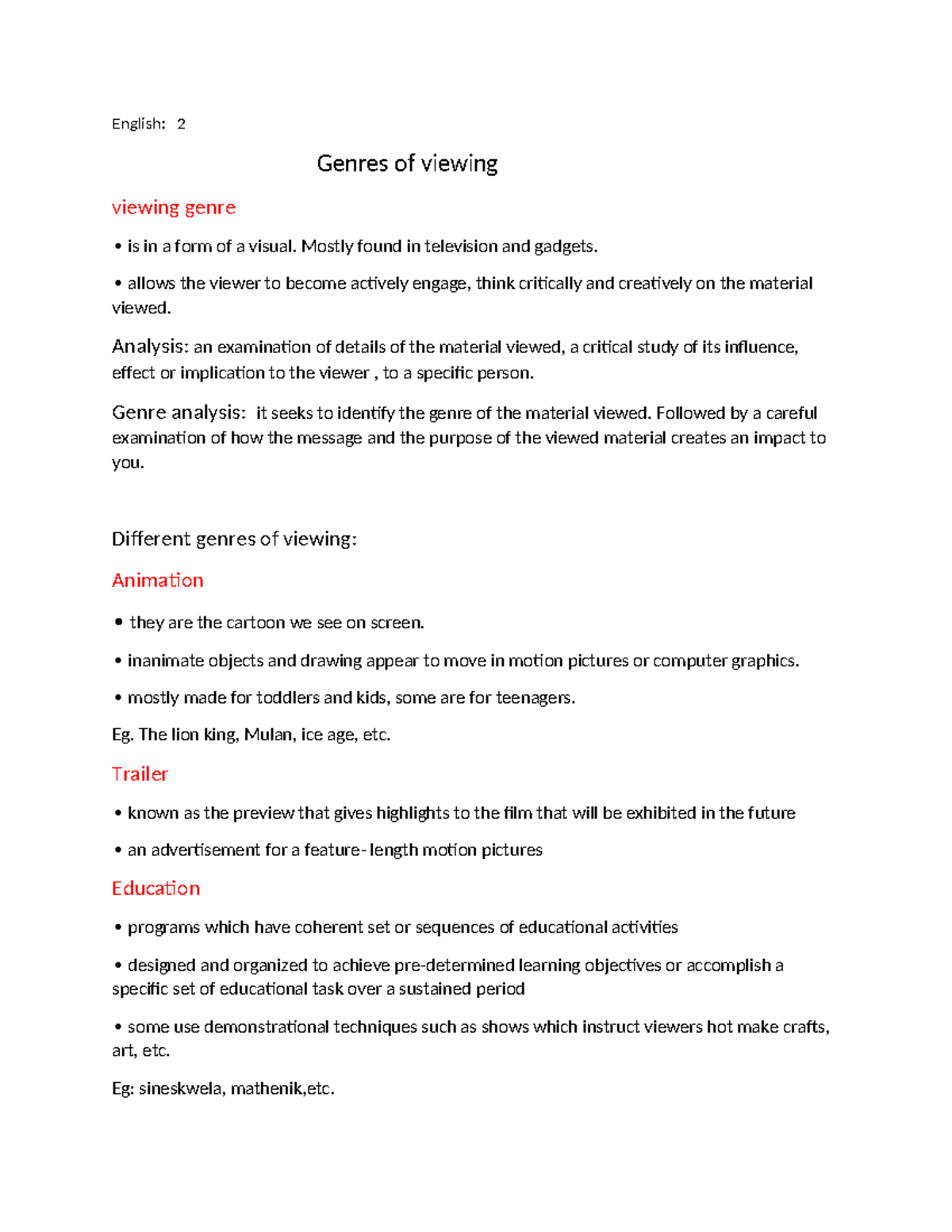 Genres of Viewing Analysis - Grade 8 Review (STE) - Studocu