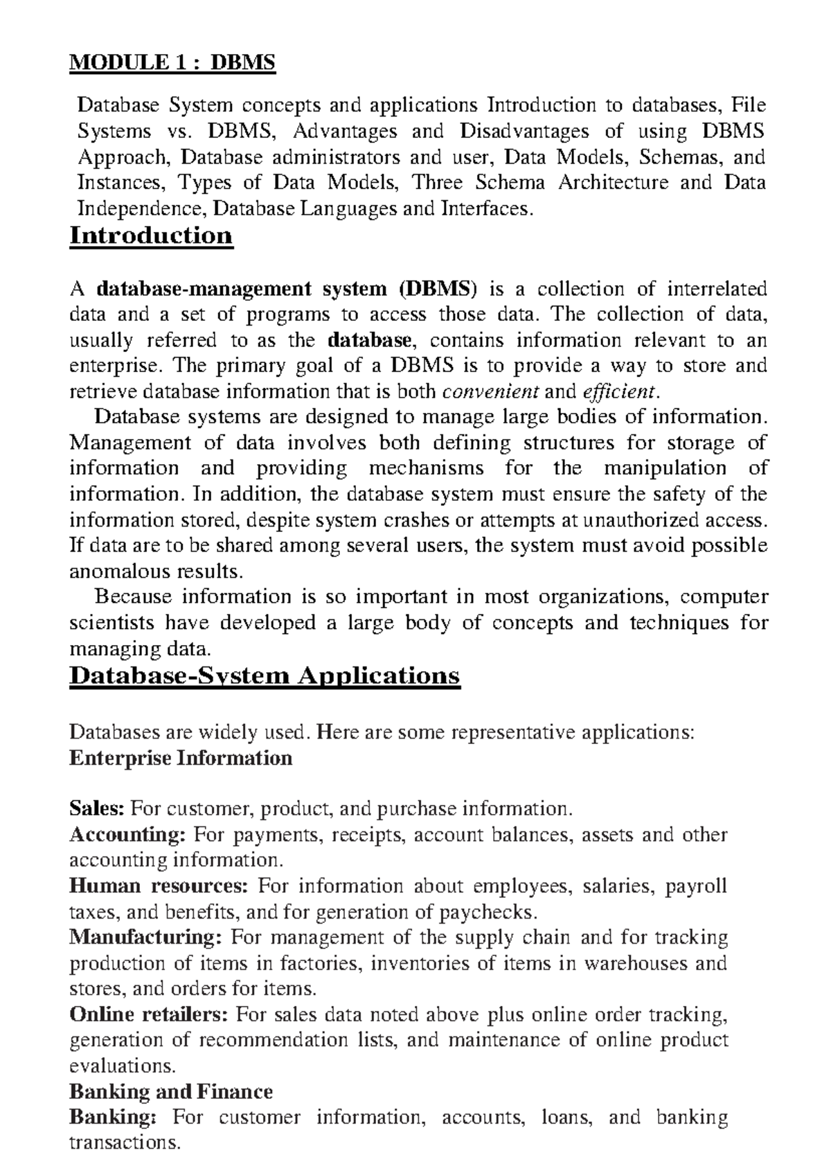 M1: DBMS Concepts & Applications - Overview of Database Systems - Studocu