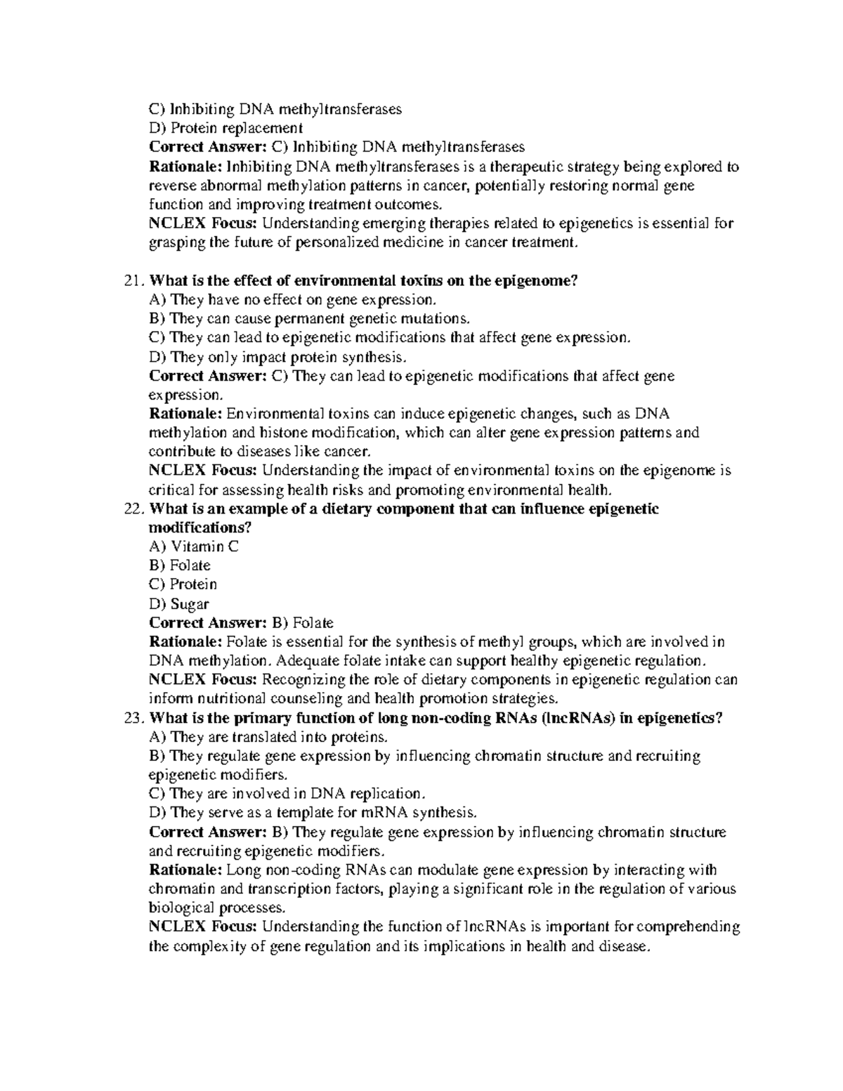 Genetics Test Bank: Epigenetics & Environmental Impact (2024) - Studocu
