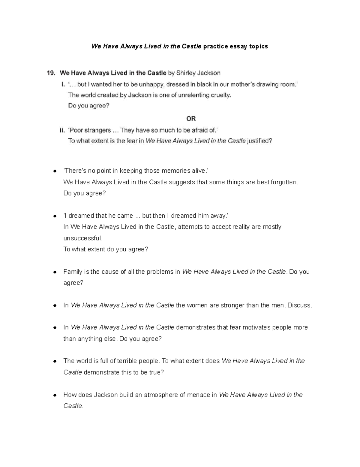 We Have Always Lived in the Castle: Practice Essay Topics Analysis ...