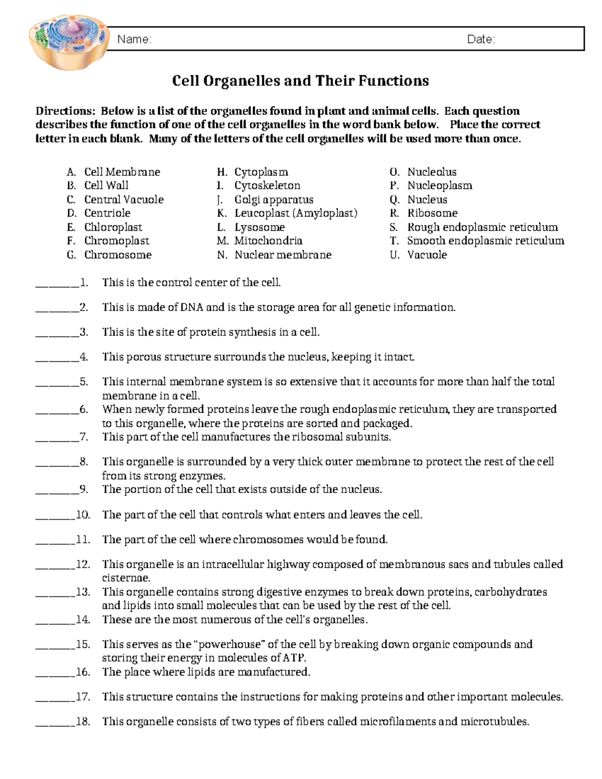 Cell Organelle Functions Matching Quiz (Bio 101) - Studocu