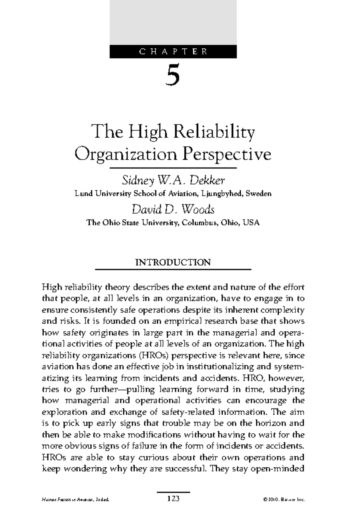 Chapter 5: The High Reliability Organization Perspective (Human Factors ...