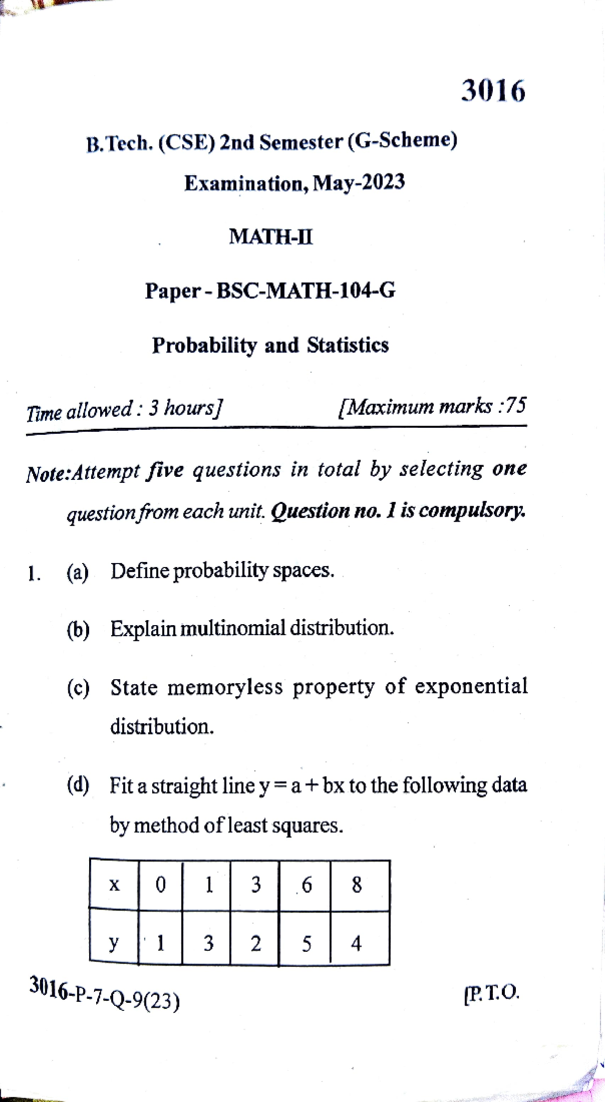 3016 B.Tech. (CSE) 2nd Sem Exam: Probability & Statistics Overview ...