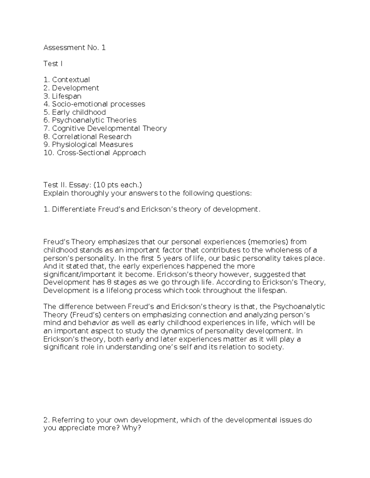 Developmental Psychology Assessment No. 1: Key Theories & Insights ...