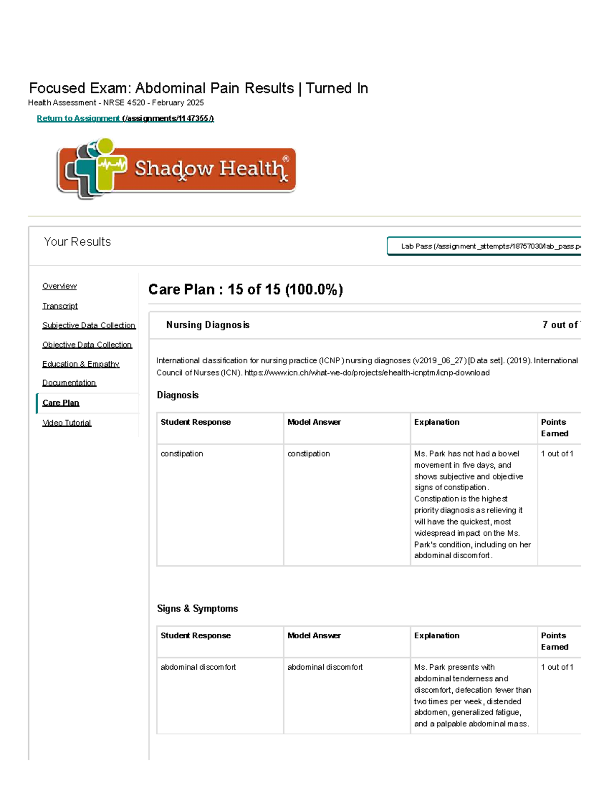 Focused Exam: Abdominal Pain Care Plan for Esther Park NRSE 4520 - Studocu