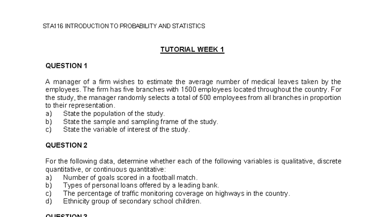 STA116 WEEK 1 TUTORIAL: PROBABILITY & STATISTICS QUESTIONS - Studocu