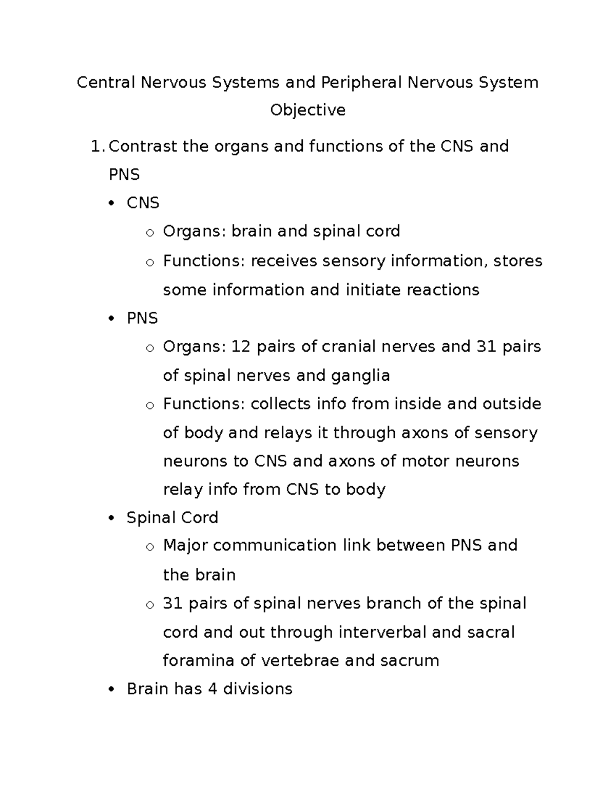 Final Exam Study Notes on CNS and PNS Anatomy & Functions (BIO101 ...