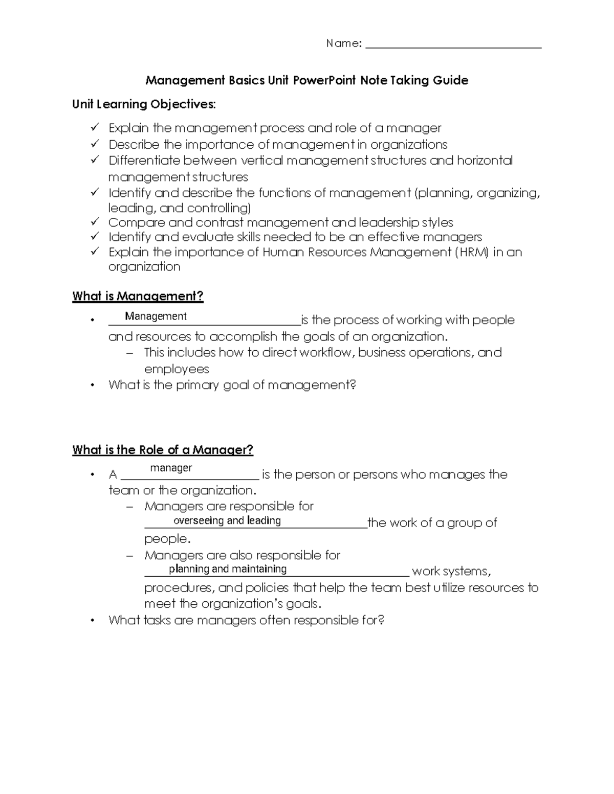 Intro to Management Unit NTG - PowerPoint Note Taking Guide - Studocu