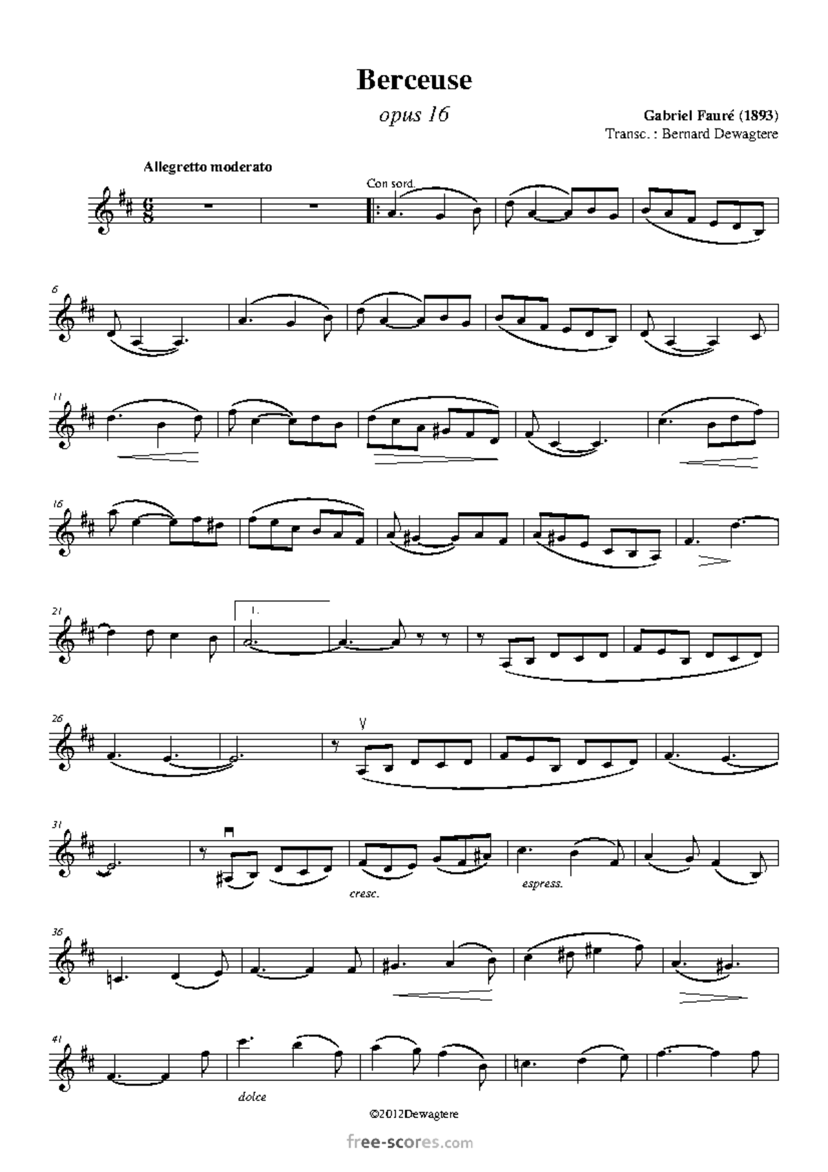 Faure Gabriel berceuse - & ## 8 6 .. ∑ Allegretto moderato ∑ Con sord ...