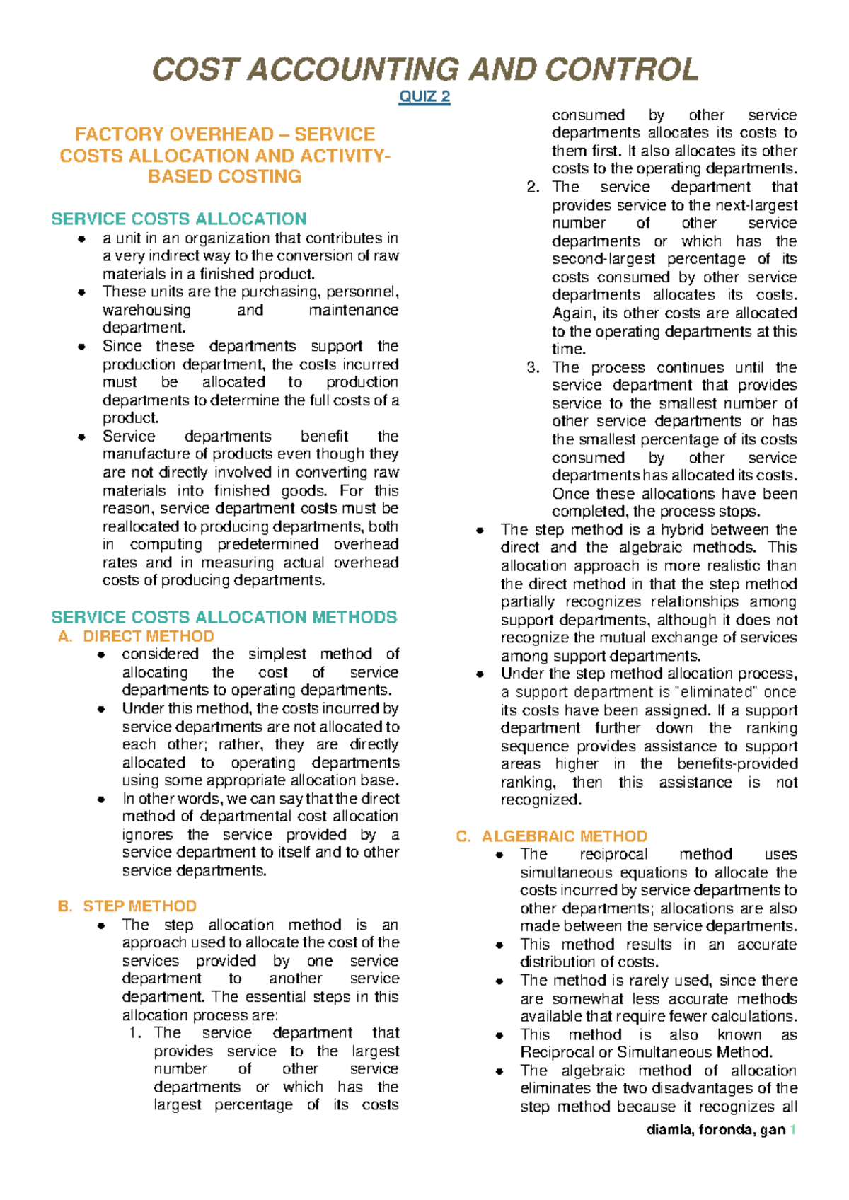 2-COST-ACC - Quiz 2 on Factory Overhead & Activity-Based Costing - Studocu
