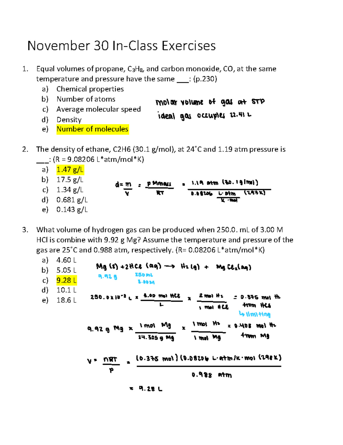 November 30 CHEM 101 In-Class Exercises on Gas Properties and Reactions ...