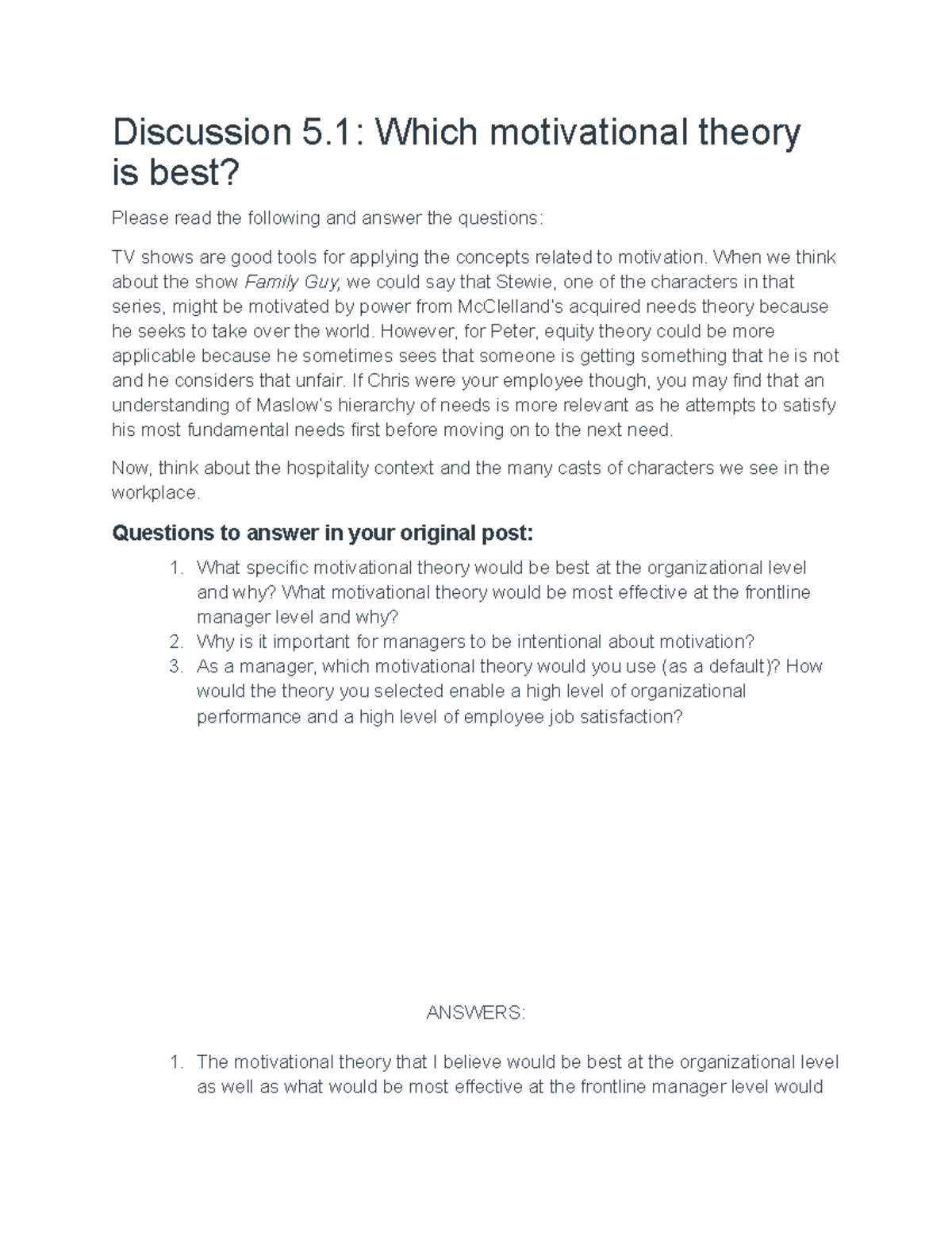 Discussion 5.1: Exploring Motivational Theories in Management - Studocu