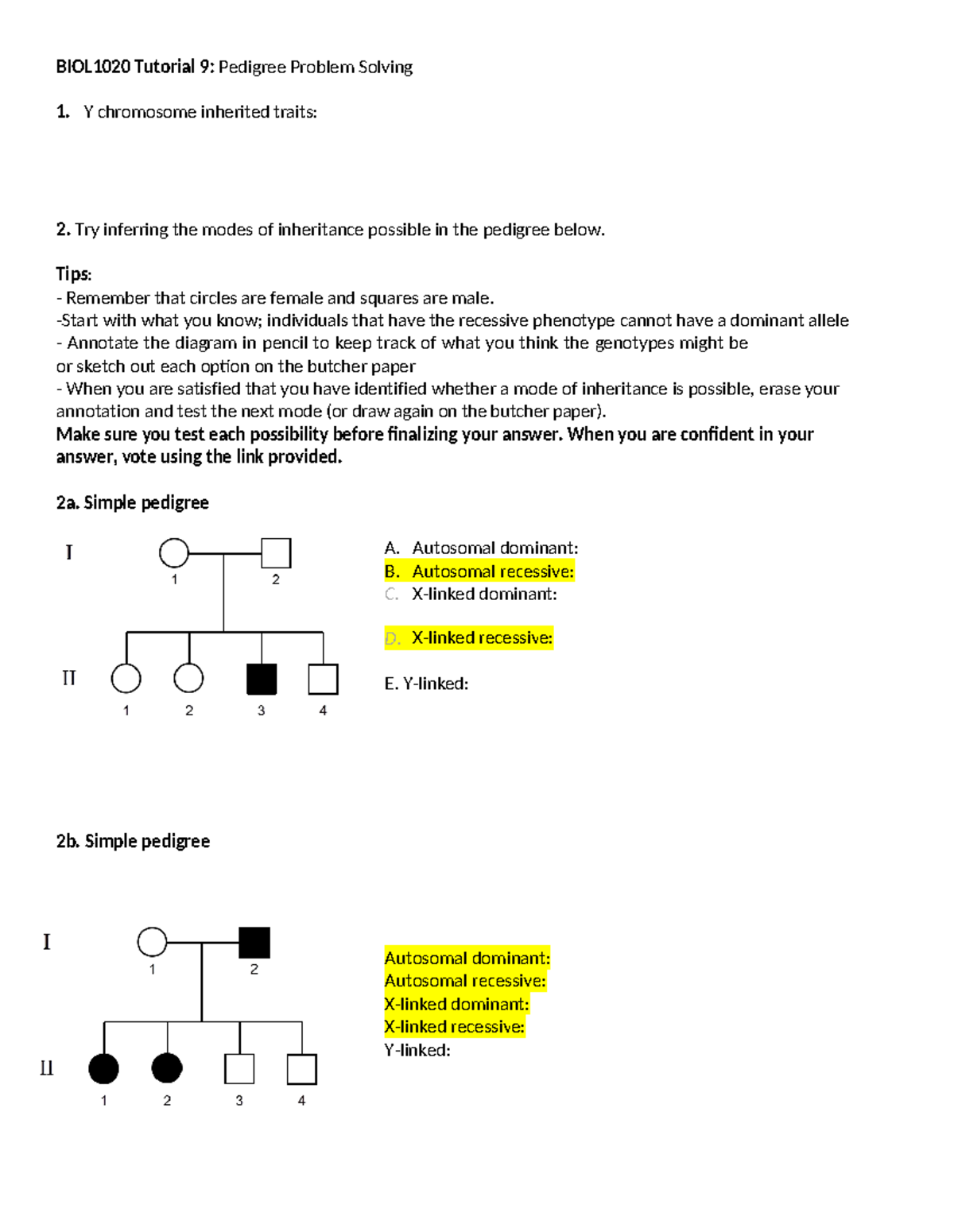 BIOL1020 Tutorial: Modes of Inheritance in Pedigree Analysis - Studocu