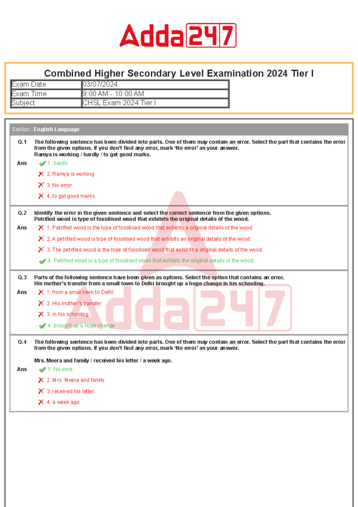 SSC CHSL Tier I Question Paper - 3 July 2024, Shift 1 - Studocu