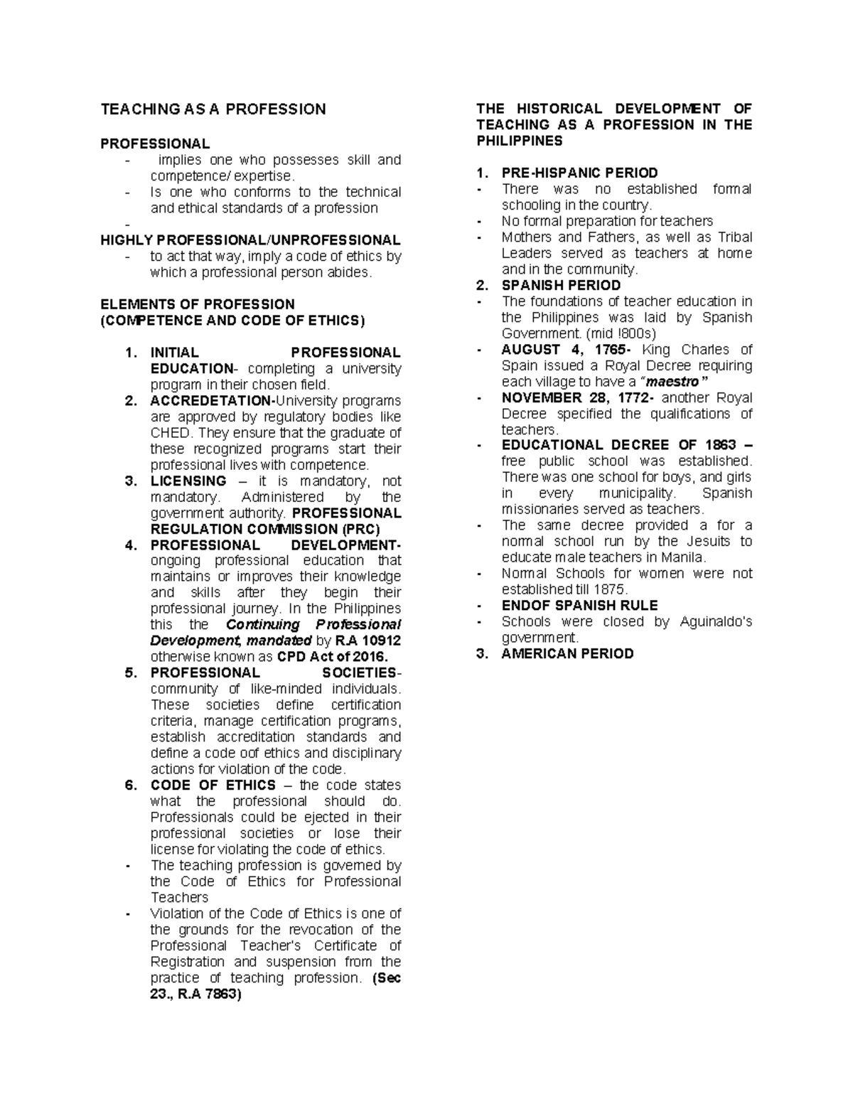 Professional Education Notes: Teaching as a Profession (Prof Ed 2 ...