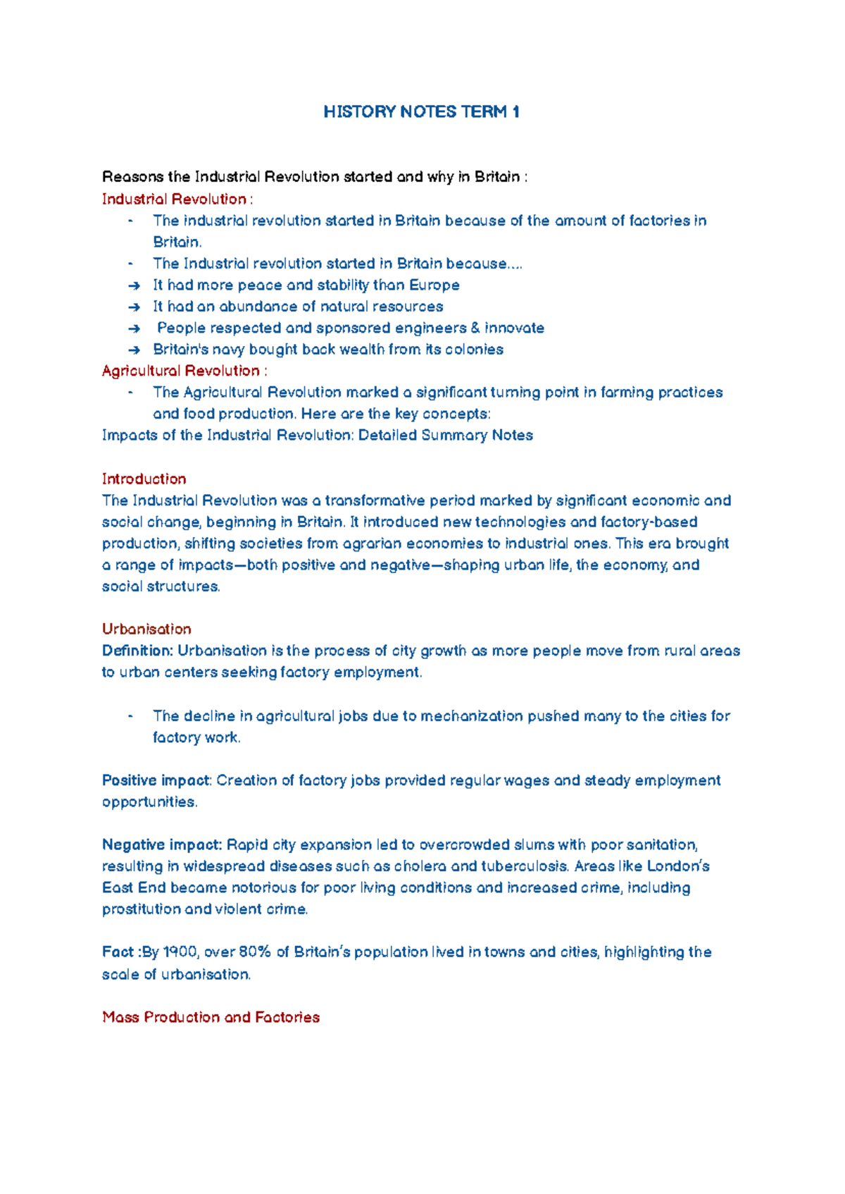 HISTORY NOTES TERM 1: Industrial Revolution Insights - Studocu