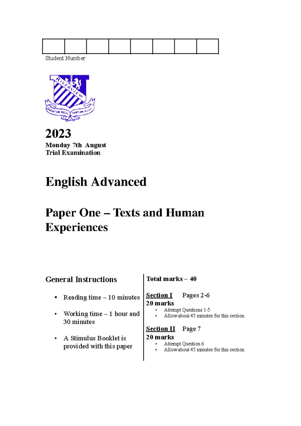 2023 English Advanced Trial Exam Paper 1: Texts & Human Experiences ...
