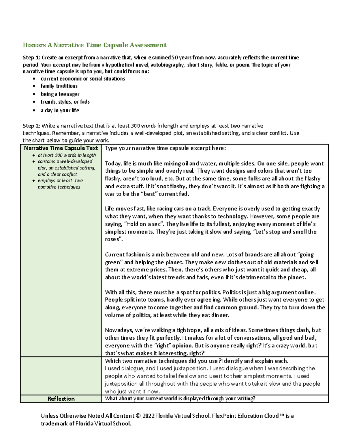 Honors English III Narrative Time Capsule Assessment Guide - Studocu