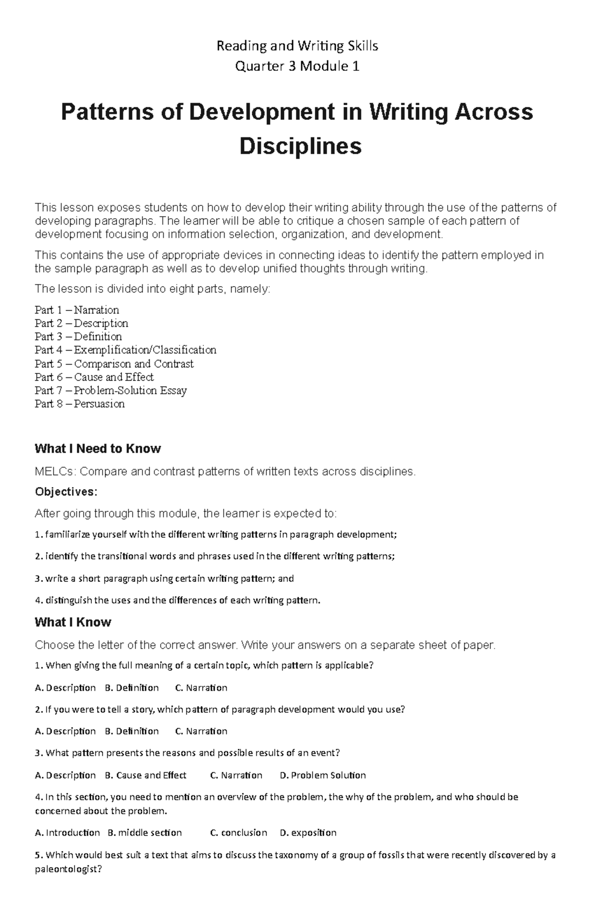 Reading and Writing Skills: Patterns of Development - Module 1 - Studocu