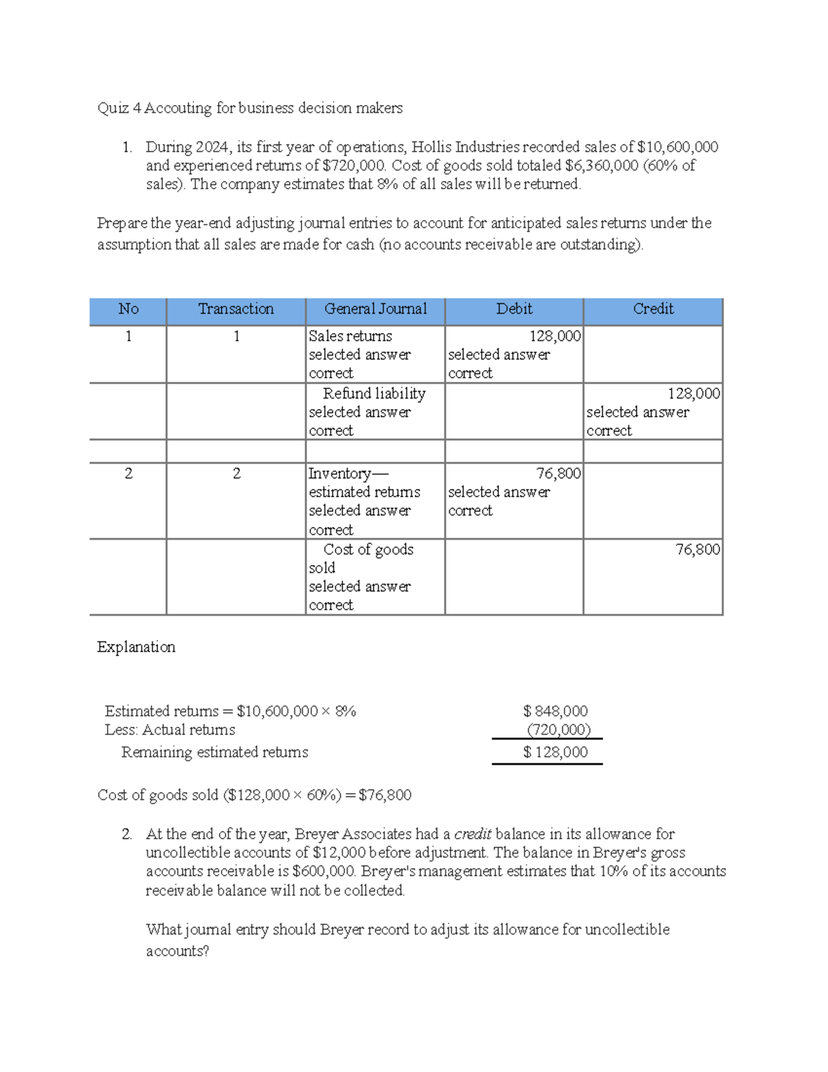 Quiz 4 - Accounting for Business Decision Makers Analysis - Studocu