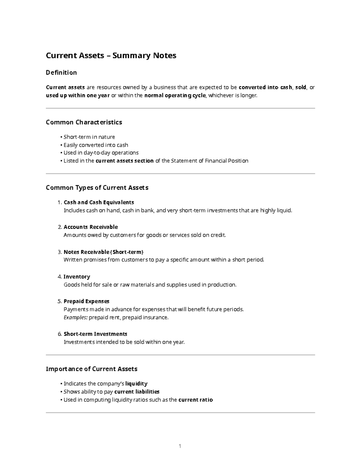 Current Assets Summary Notes: Definition and Importance - Studocu