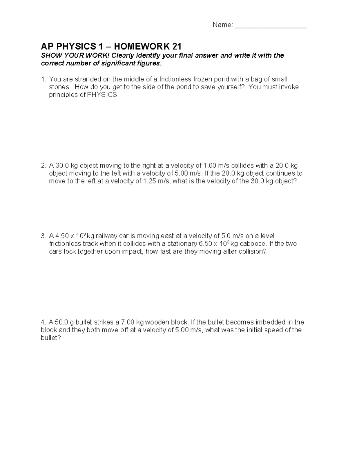AP PHYSICS 1 - Homework 21: Collision Problems and Solutions - Studocu