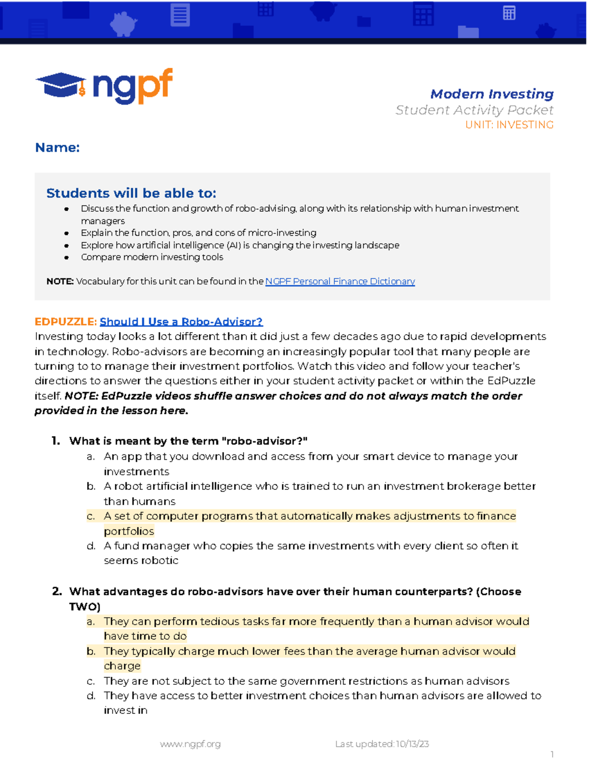 Modern Investing Student Activity Packet - Modern Investing Student ...
