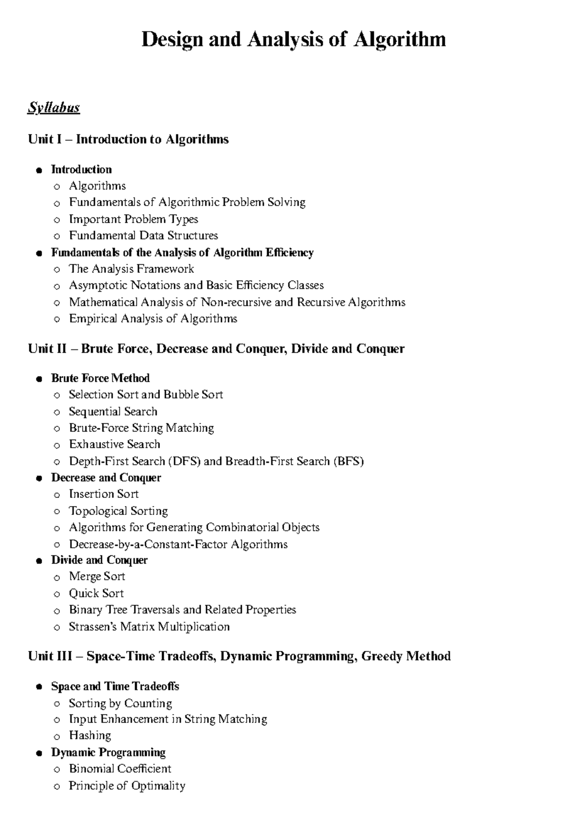 Design and Analysis of Algorithms Syllabus (CS101) - Unit Overview ...