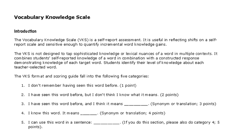 Vocabulary Knowledge Scale (VKS) Overview and Implementation - Studocu