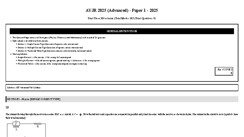 AYJR 2025 (Advanced) - Physics, Chemistry & Math Paper 1 - Studocu