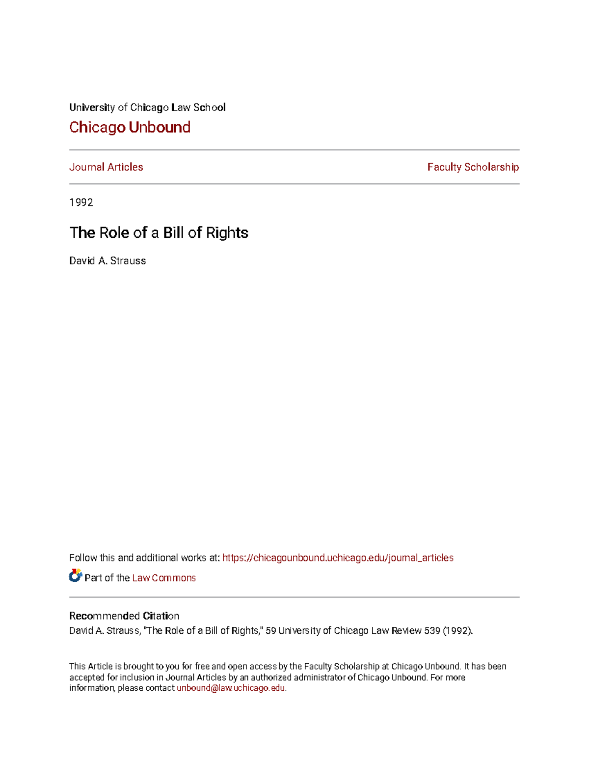 The Role of a Bill of Rights: Insights from David A. Strauss (1992 ...