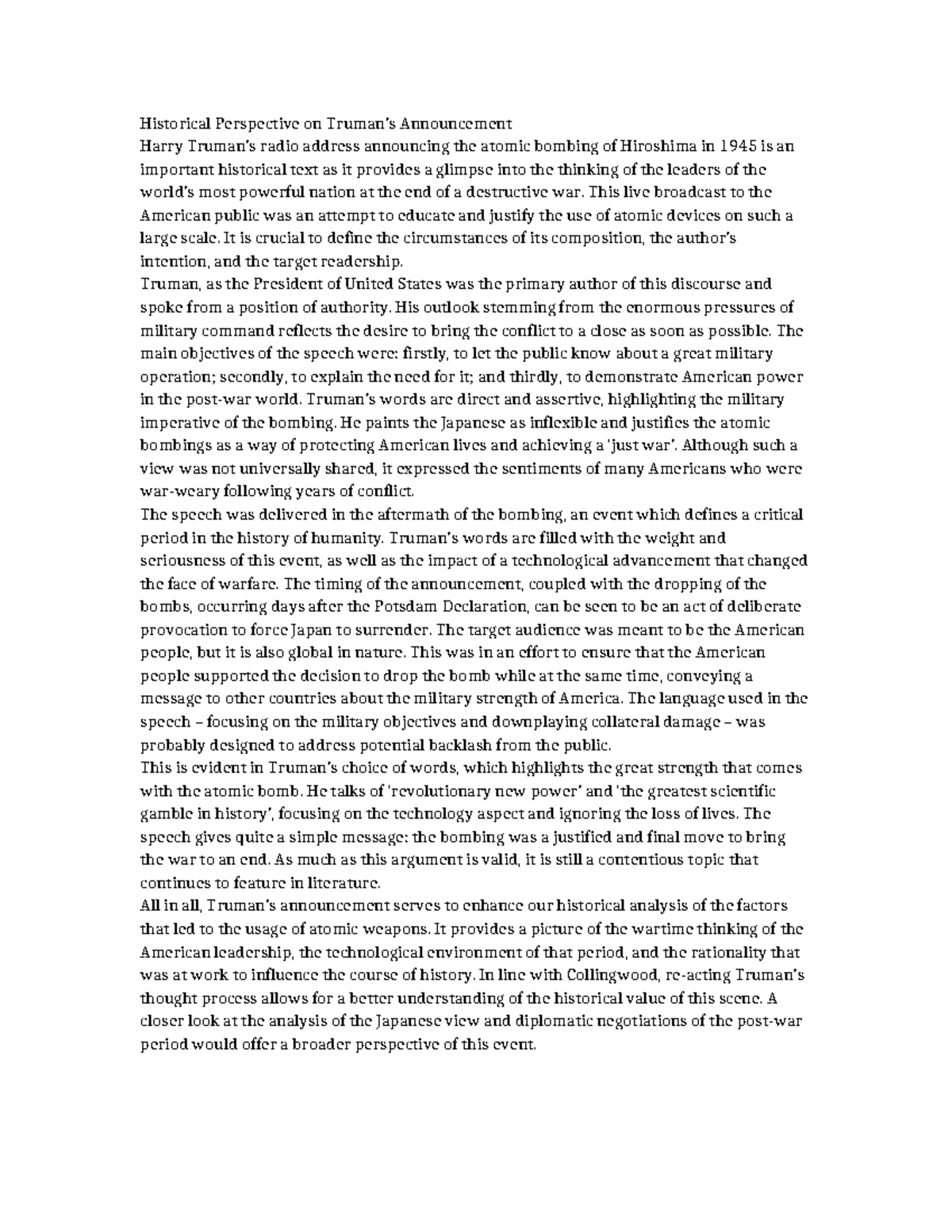 Historical Analysis of Truman's 1945 Atomic Bomb Announcement (HUM 29 ...