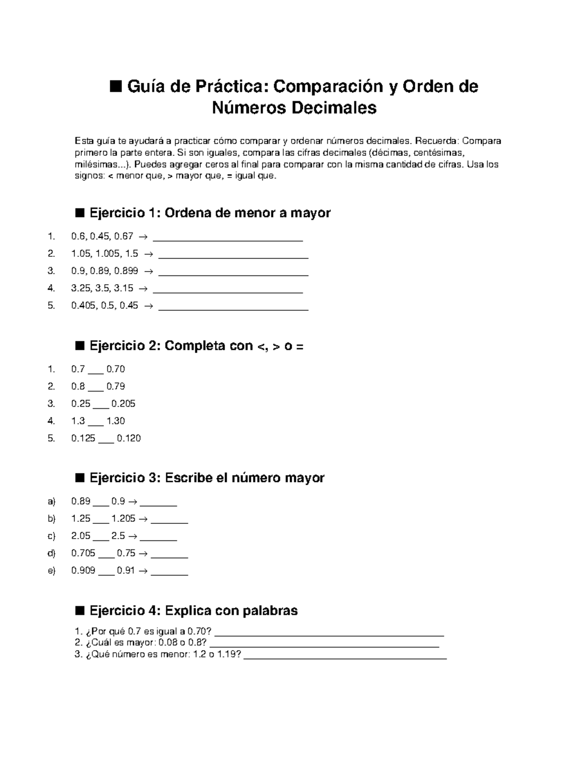 Guía de Práctica: Comparación y Orden de Números Decimales - Studocu