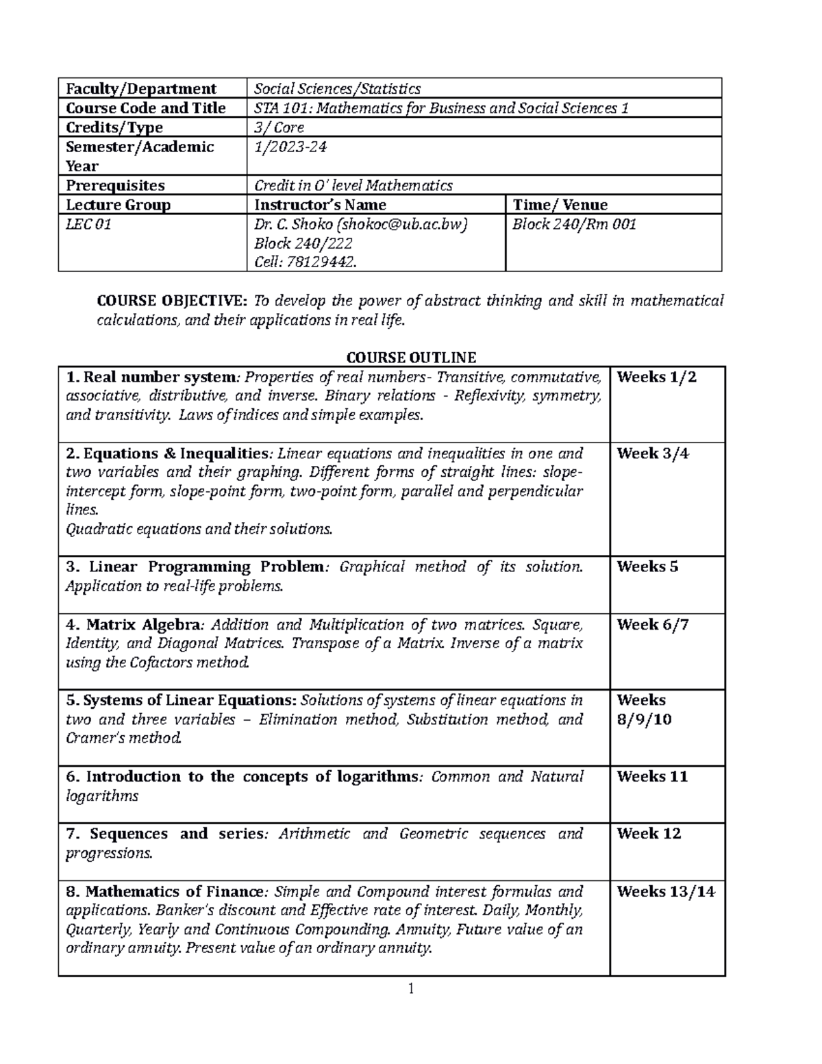 STA 101: Course Outline and Expectations for Aug 2023 - Studocu