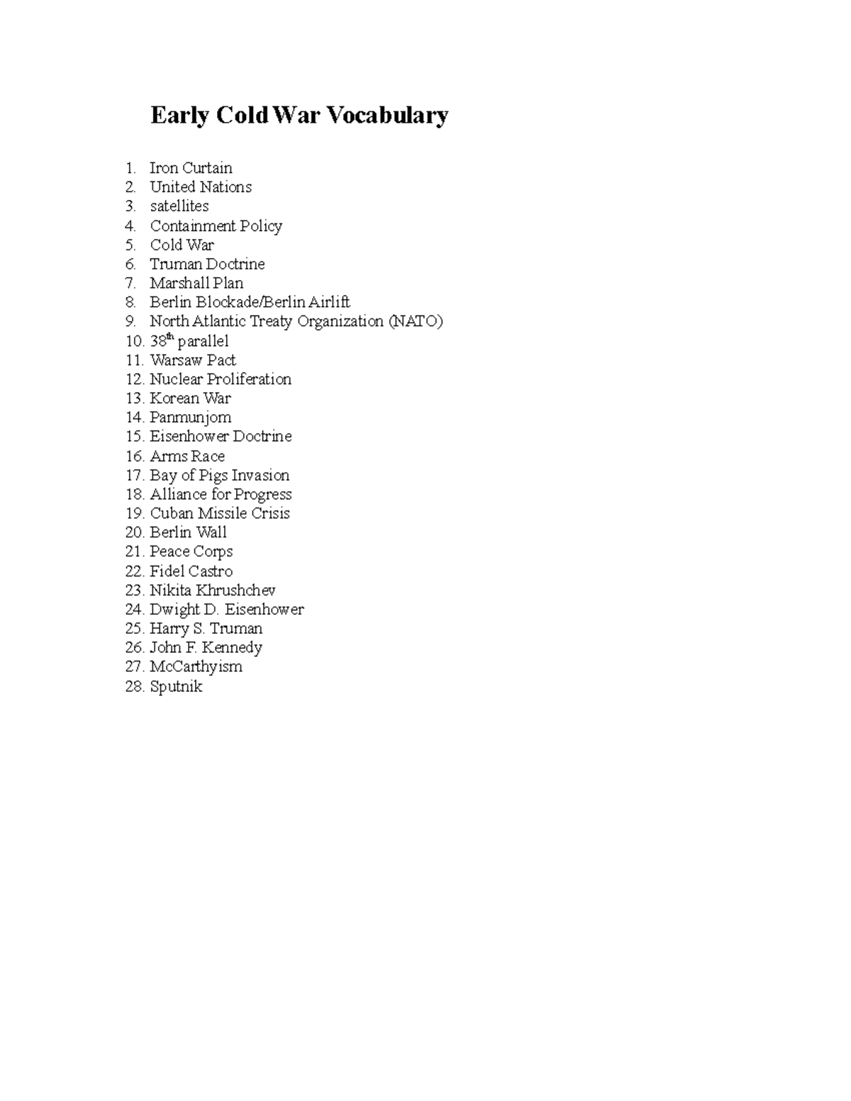 Early Cold War Vocab 2021 - Early Cold War Vocabulary 1. Iron Curtain 2 ...