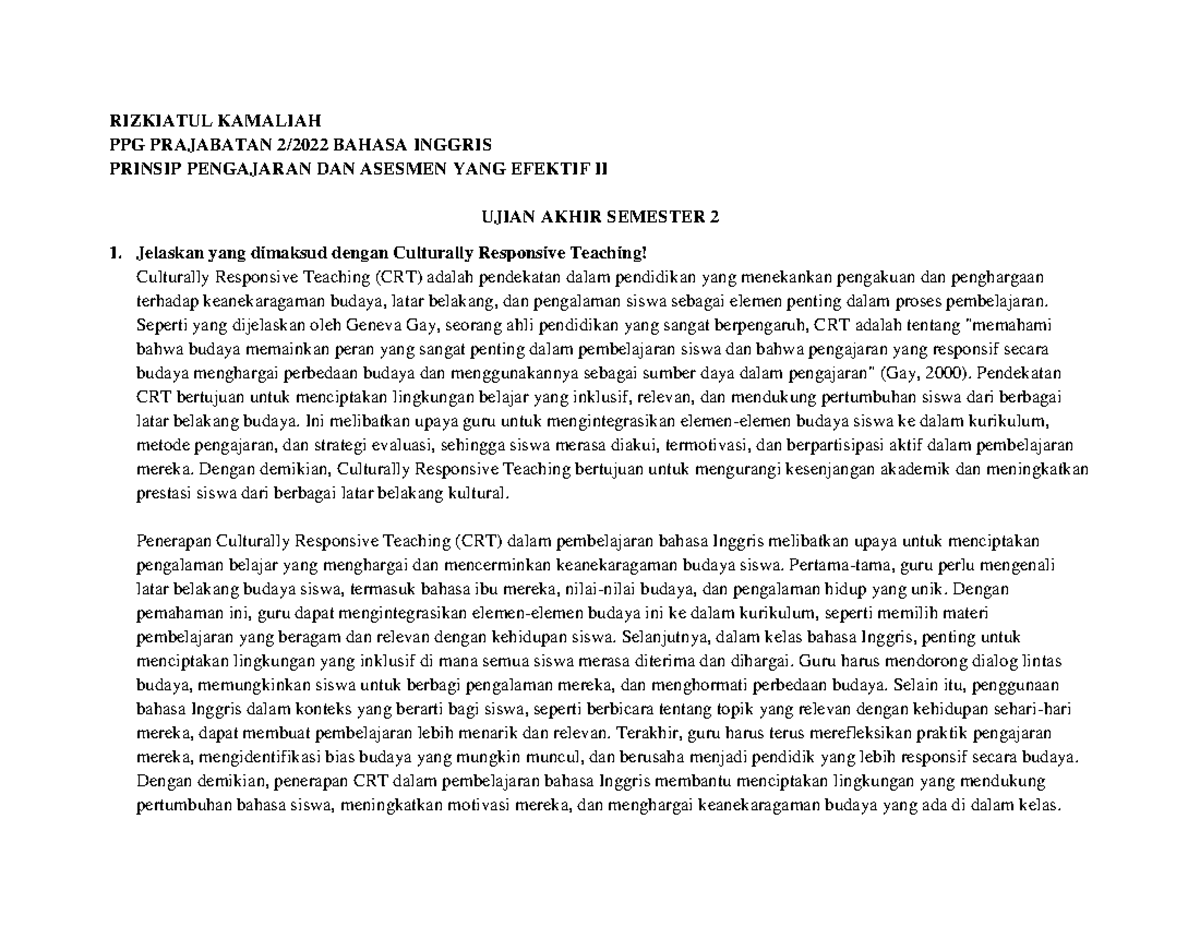 UAS Prinsip Pengajaran dan Asesmen yang Efektif II - Culturally Responsive Teaching - Studocu