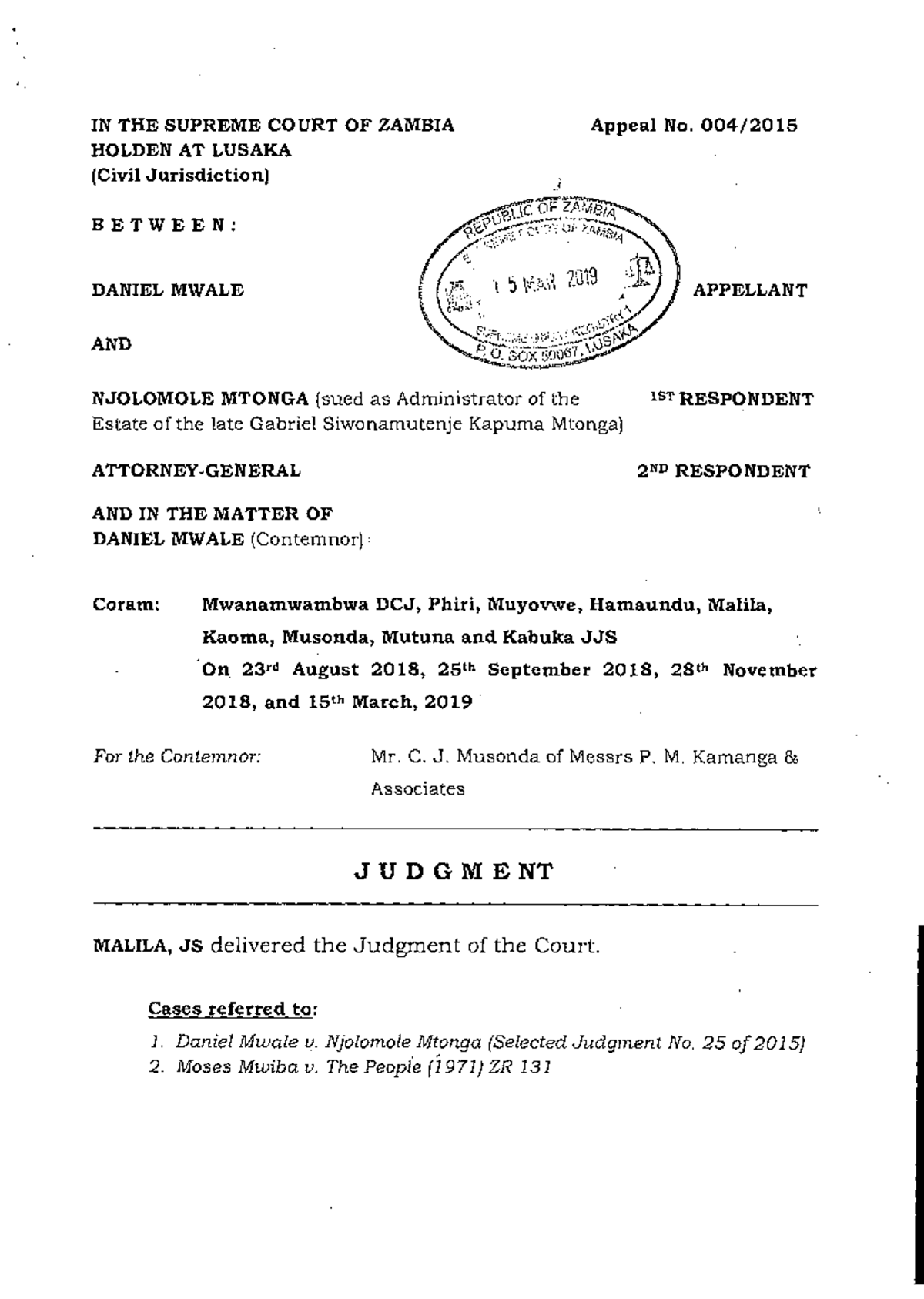 Daniel Mwale v. Njolomole Mtonga: Supreme Court Appeal Case Study 2019 ...