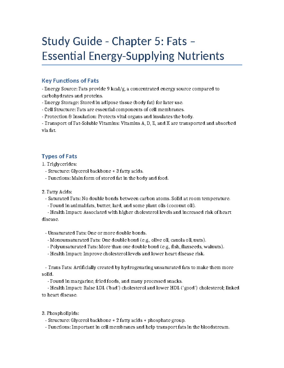 Chapter 5 Study Guide: Understanding Fats and Their Functions - Studocu